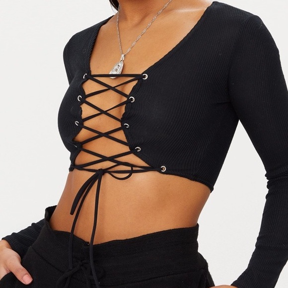 Prettylittlething Tops Prettylittlething Black Rib Lace Up Front Long Sleeve Crop Top Poshmark
